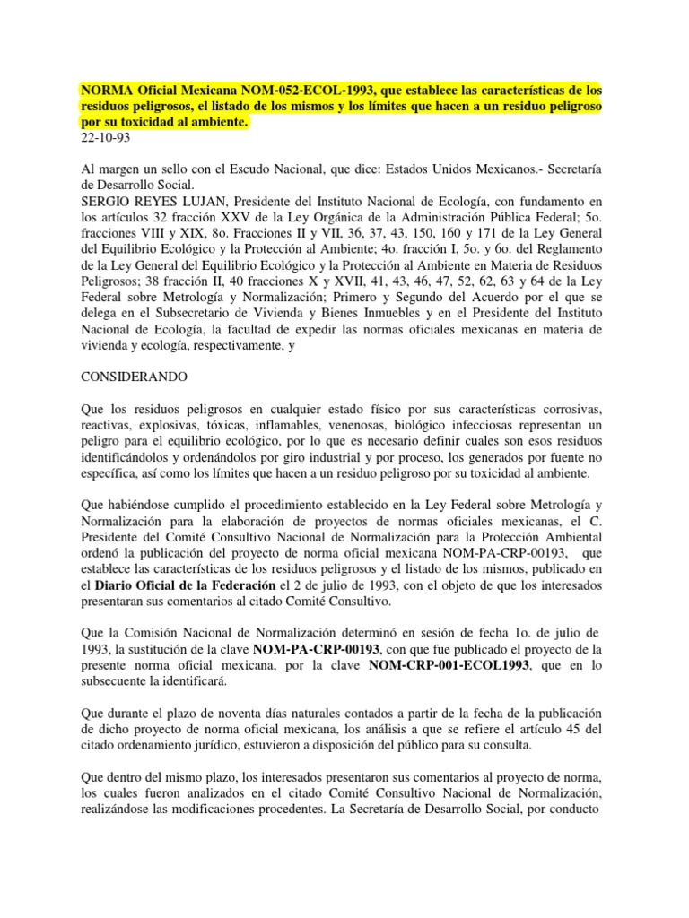 Nom 052 Ecol 1993 | PDF