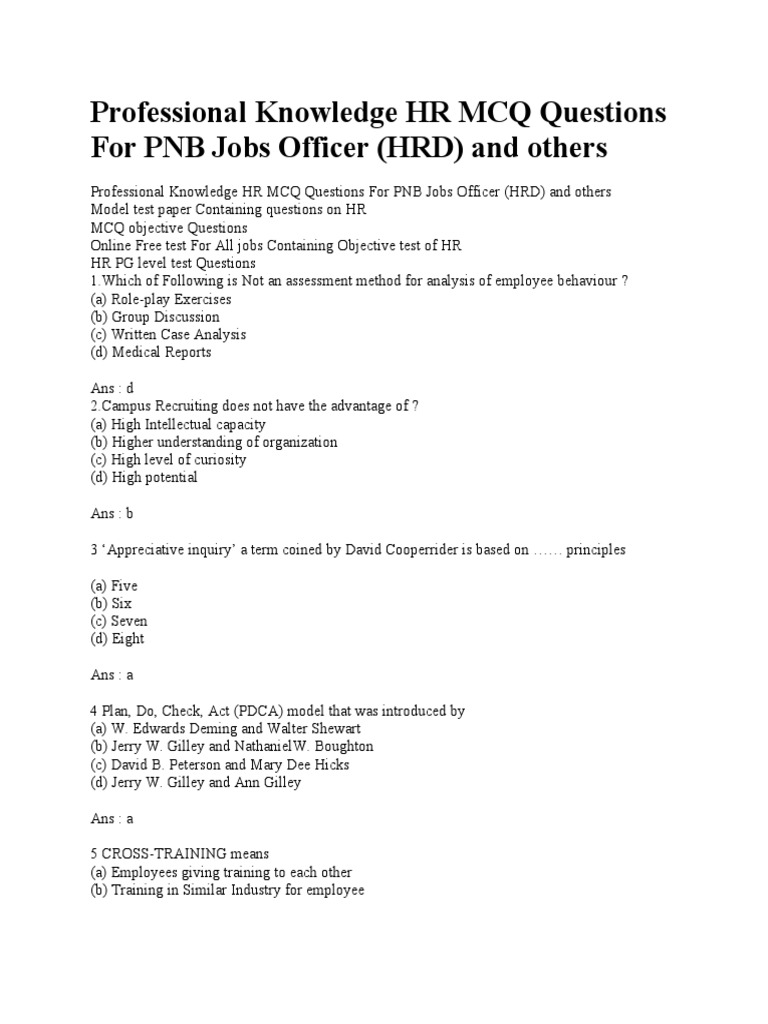 Professional Knowledge HR MCQ Questions For PNB Jobs Officer (HRD) and ...