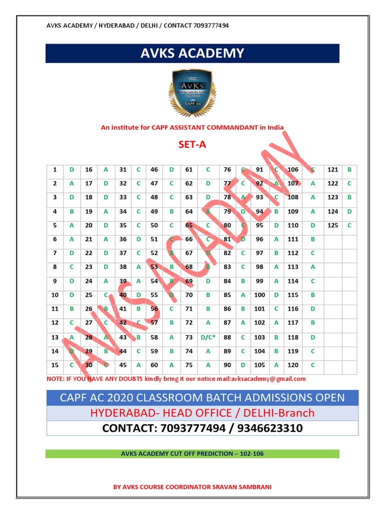 Set-A Answer Key Capf Ac 2019 Avks | PDF