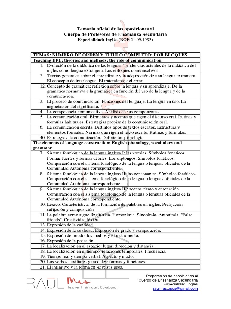 Temario Oposiciones Inglés Secundaria | PDF