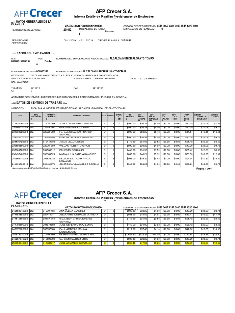 Informe Planilla AFP Crecer 2019 | PDF