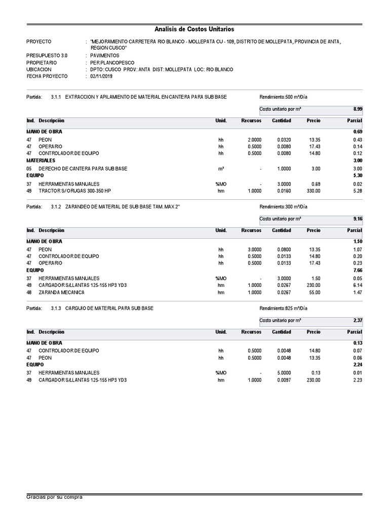 ANALISIS DE COSTOS UNITARIOS Pavi Mentos | PDF