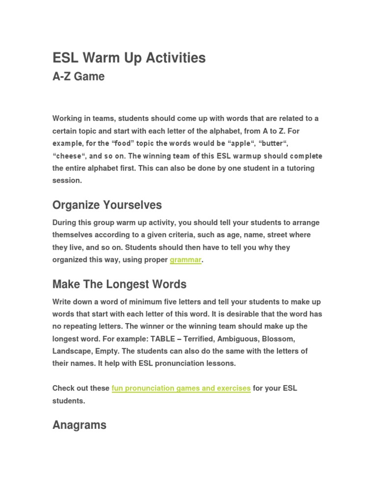 Engaging ESL Warm-Up Activities | PDF