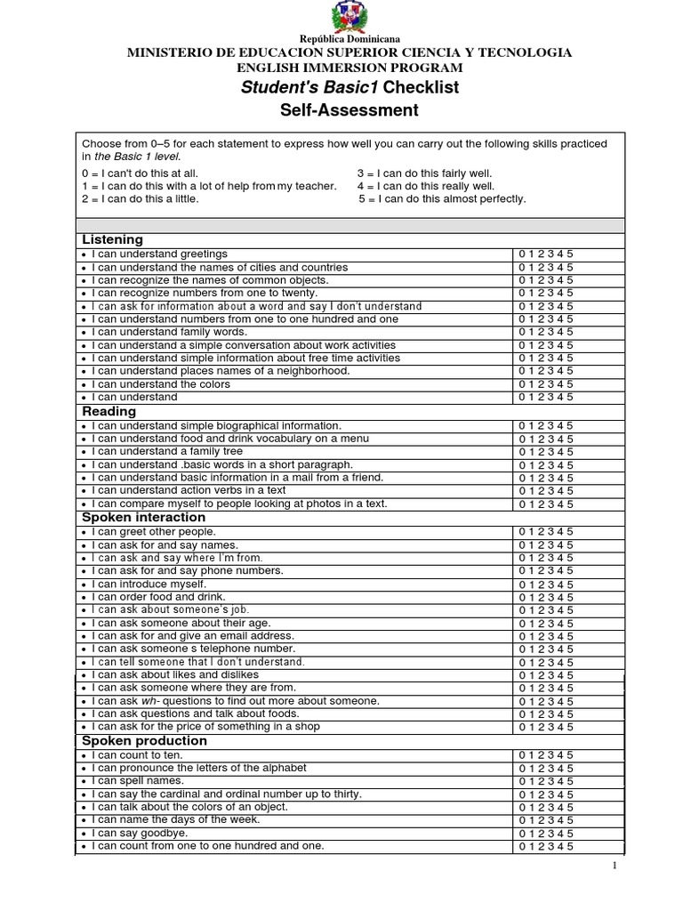 Basic 1 Student Self Assessment Checklist | PDF