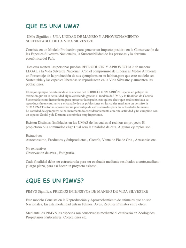 Definición de UMA y PIMVS en Conservación | PDF
