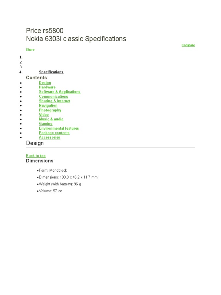 Nokia 6303i Classic Specifications | PDF | Computing And Information ...