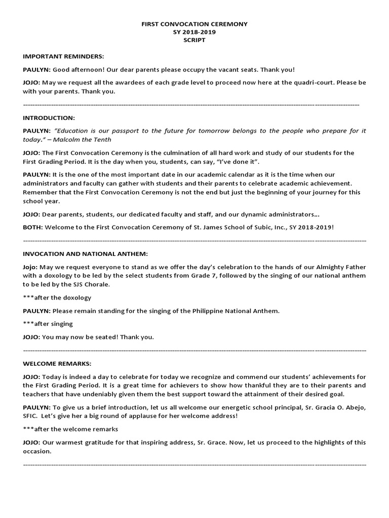 First Convocation Program Script | PDF | Middle Schools | Behavior Modification