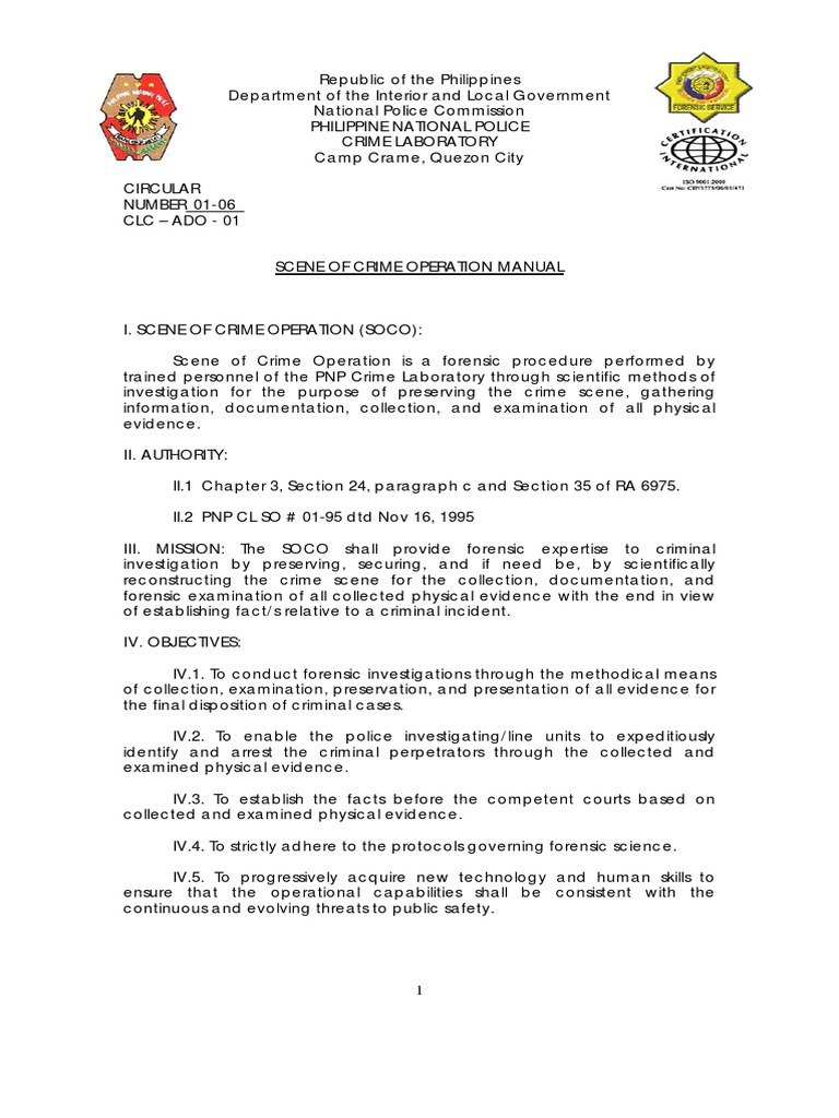 SOCO Manual PDF | PDF | Crime Scene | Cbrn Defense