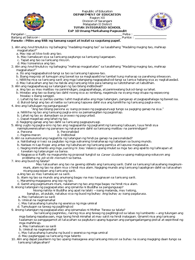 ESP 10.1st Grading Exam | PDF