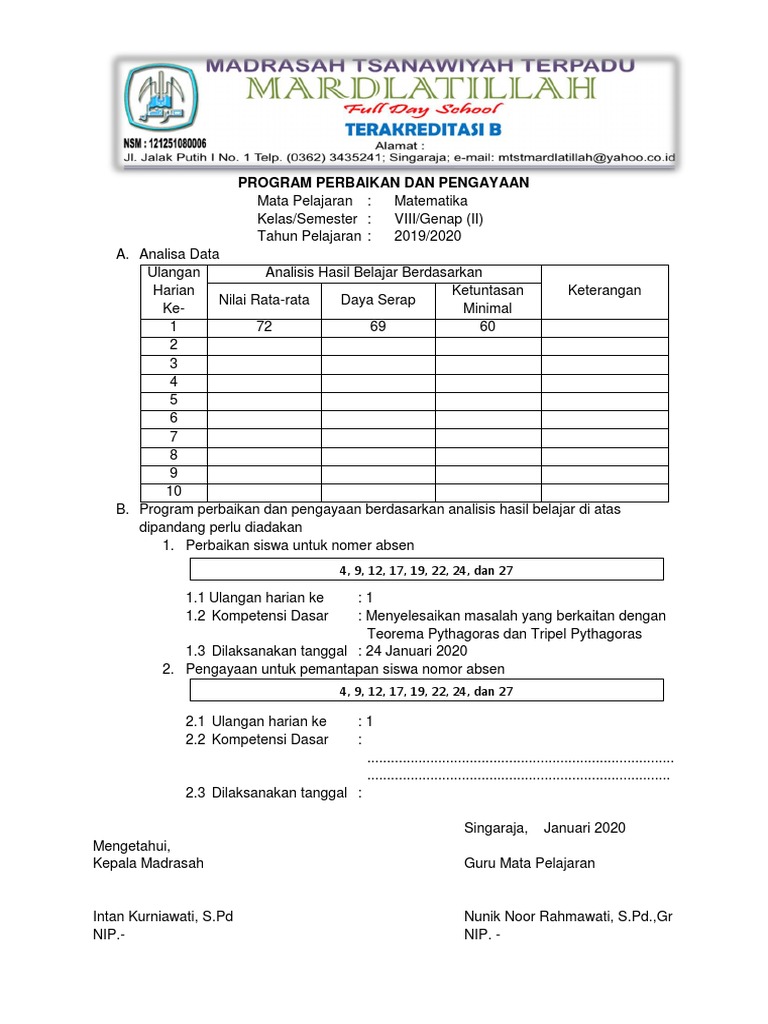 Program Perbaikan Dan Pengayaan MTS | PDF