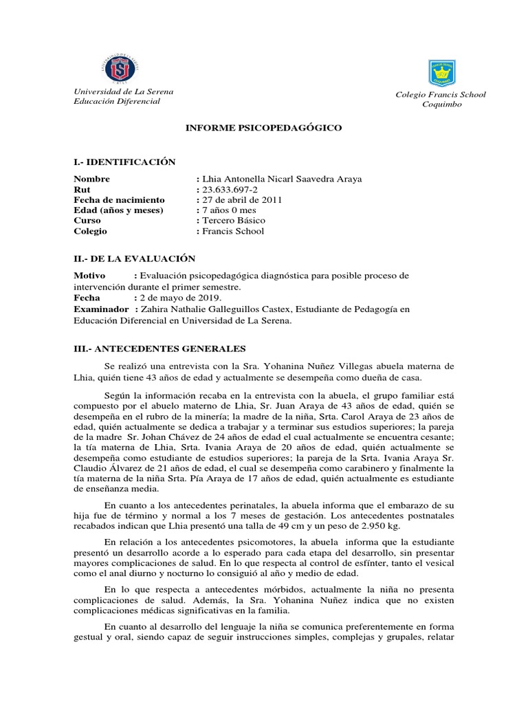 Informe Psicopedagógico de Lhia | PDF | Evaluación | Aprendizaje