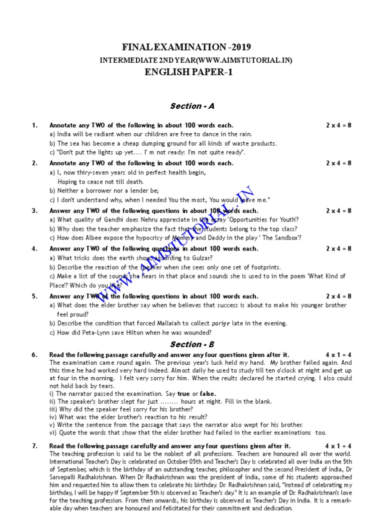 Inter 2nd Year English Model Paper 1 | PDF