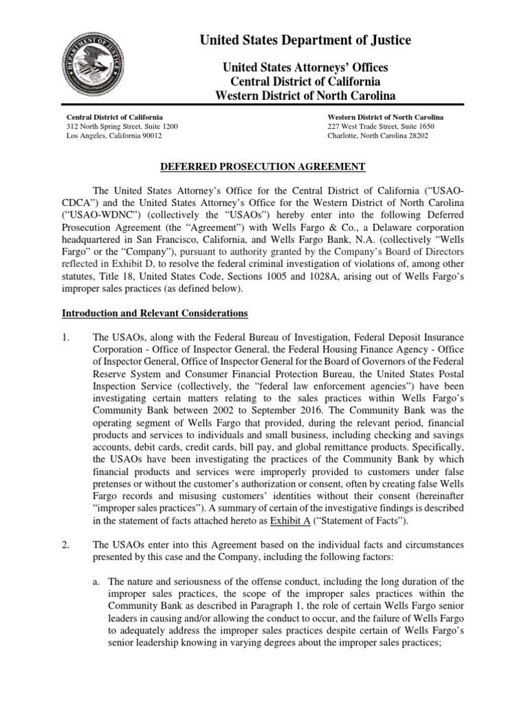 Wells Fargo - Deferred Prosecution Agreement | PDF | Prosecutor | Banks
