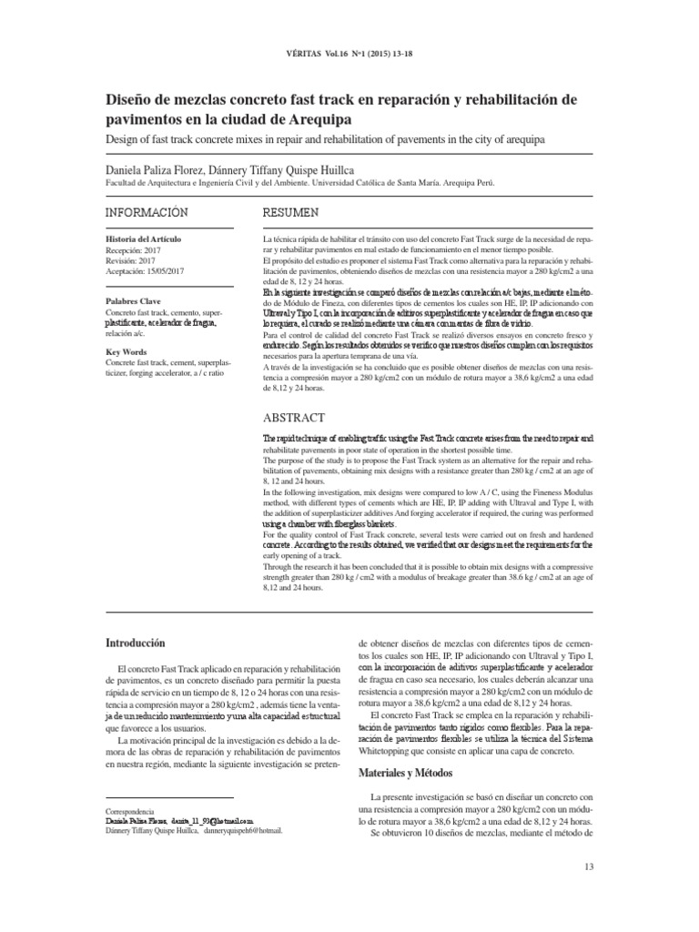 Diseño de Mezclas Concreto Fast Track en Reparación y Rehabilitación de ...
