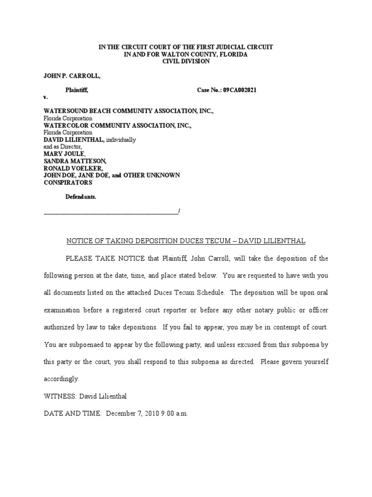 Deposition Notice Duces Tecum David Lilienthal WaterSound | PDF ...