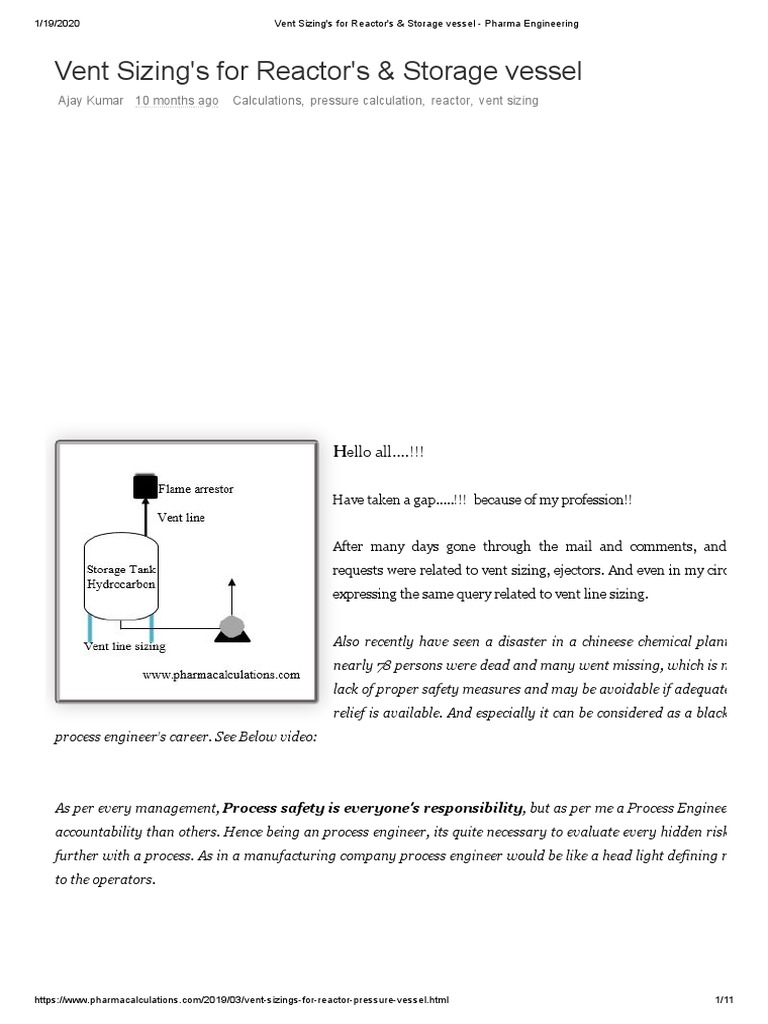 Vent Sizing's For Reactor's & Storage Vessel - Pharma Engineering | PDF ...