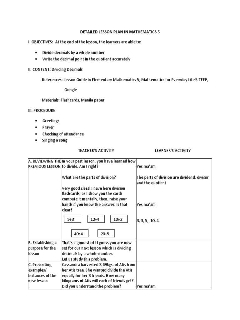 Division of Decimals Lesson Plan | PDF | Division (Mathematics ...