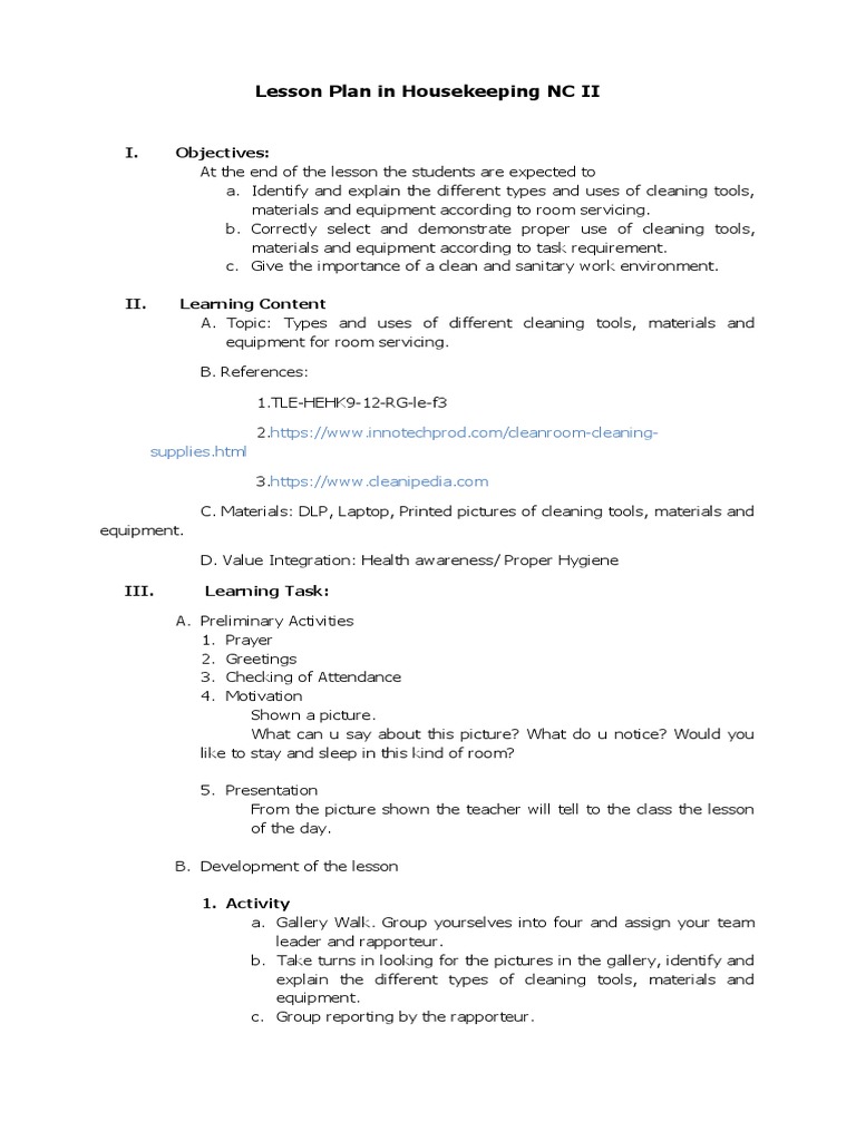 Lesson Plan in Housekeeping | PDF | Housekeeping | Vacuum Cleaner