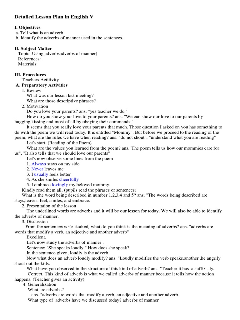 Detailed Lesson Plan in English V | PDF | Adverb | Onomastics