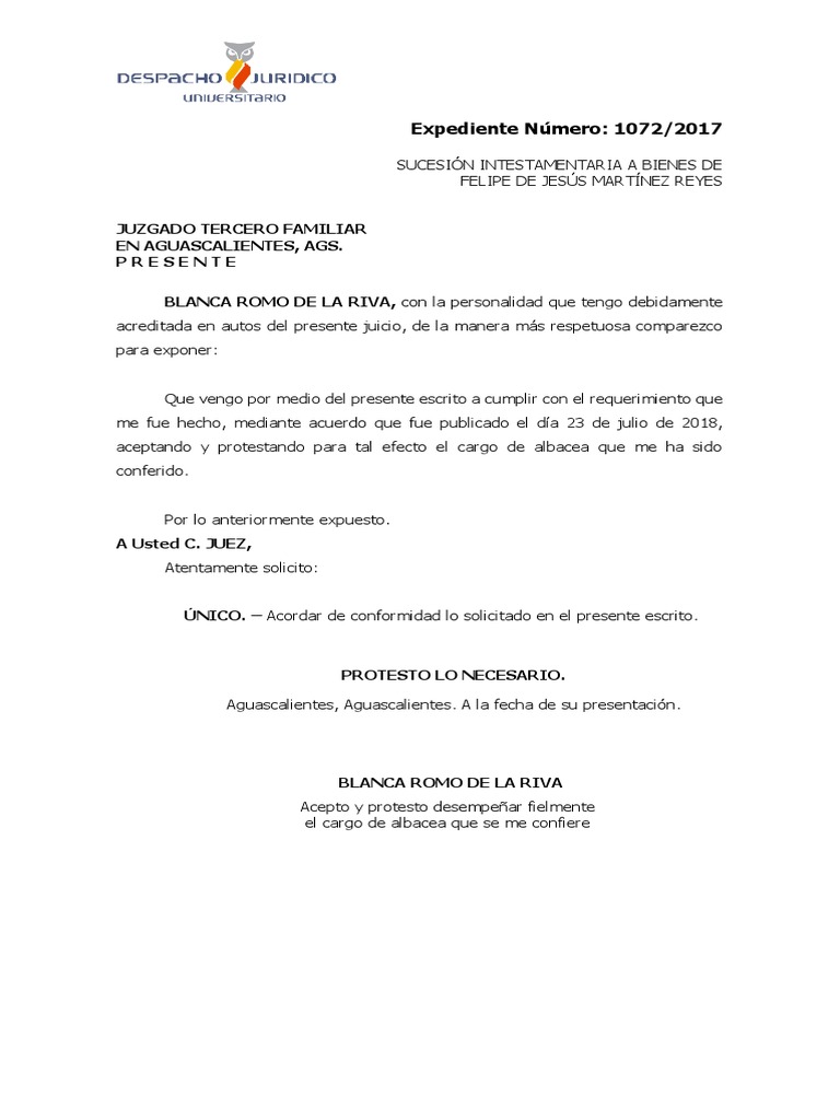 Aceptar Cargo de Albacea Intestamentario | PDF