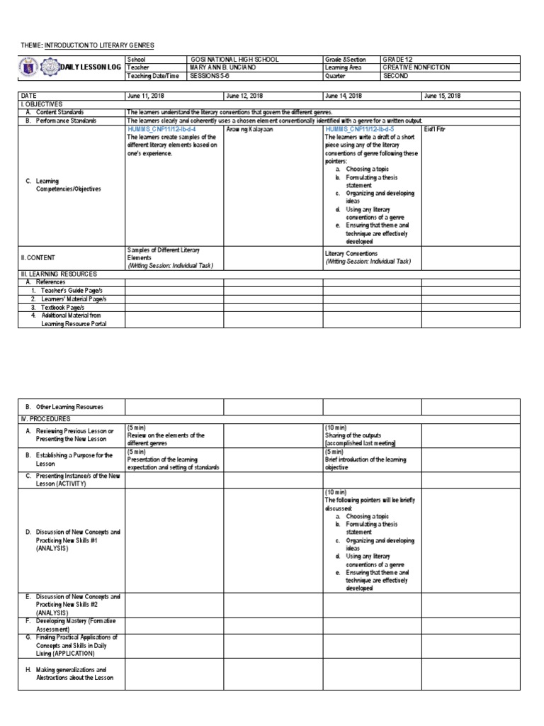 Creative Nonfiction Lesson Plan | PDF | Genre | Learning