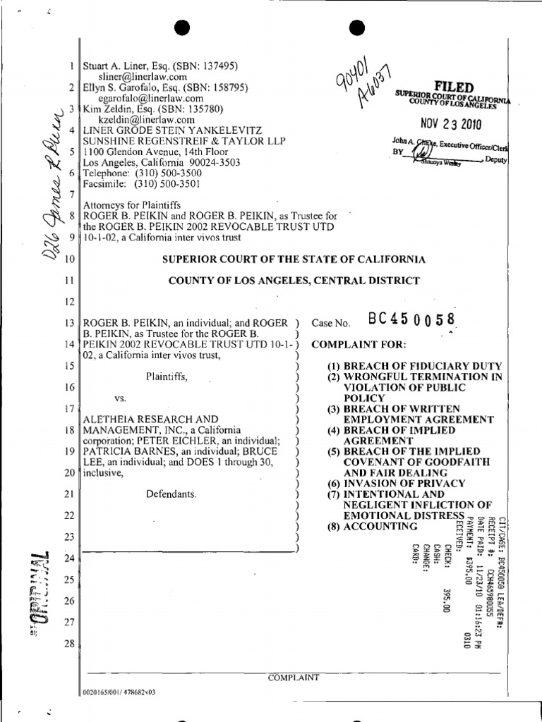 Roger Peikin v. Aletheia, Peter Eichler, Et Al Complaint | PDF | Board ...