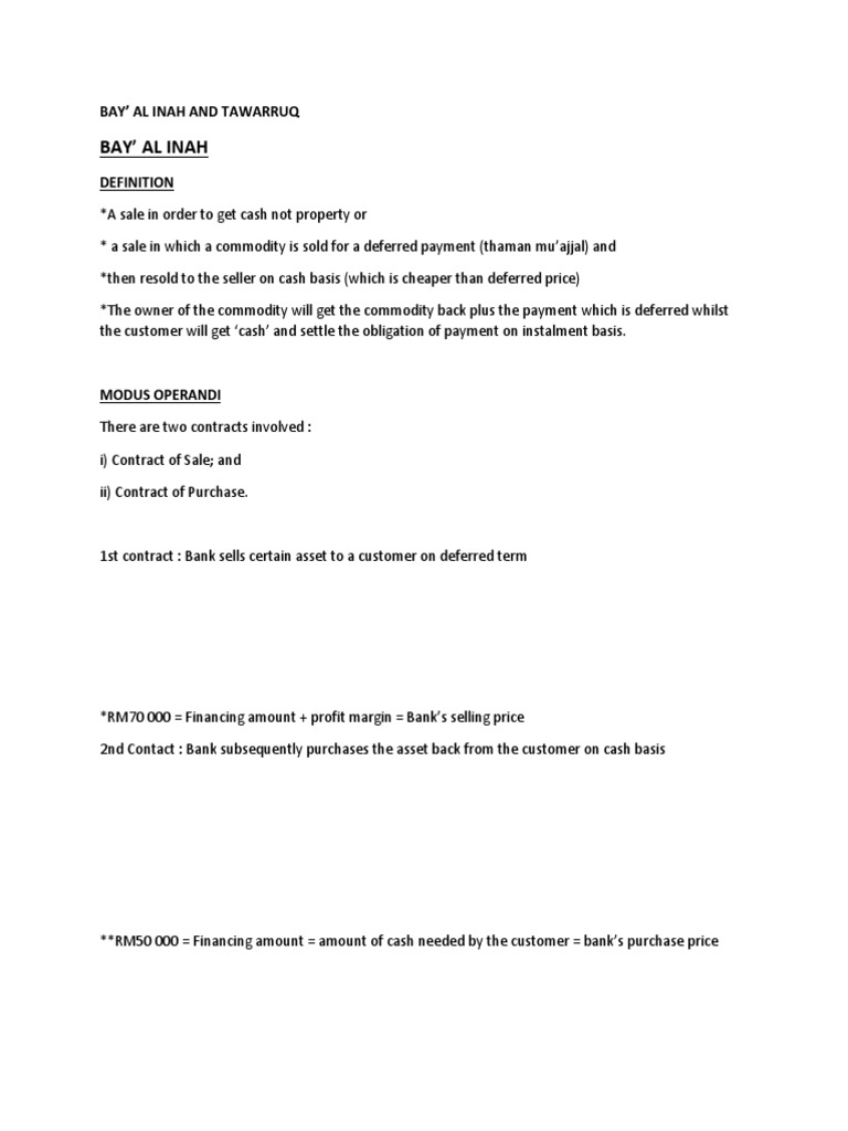 BAY' AL INAH AND TAWARRUQ EXPLAINED | PDF | Islamic Banking And Finance ...