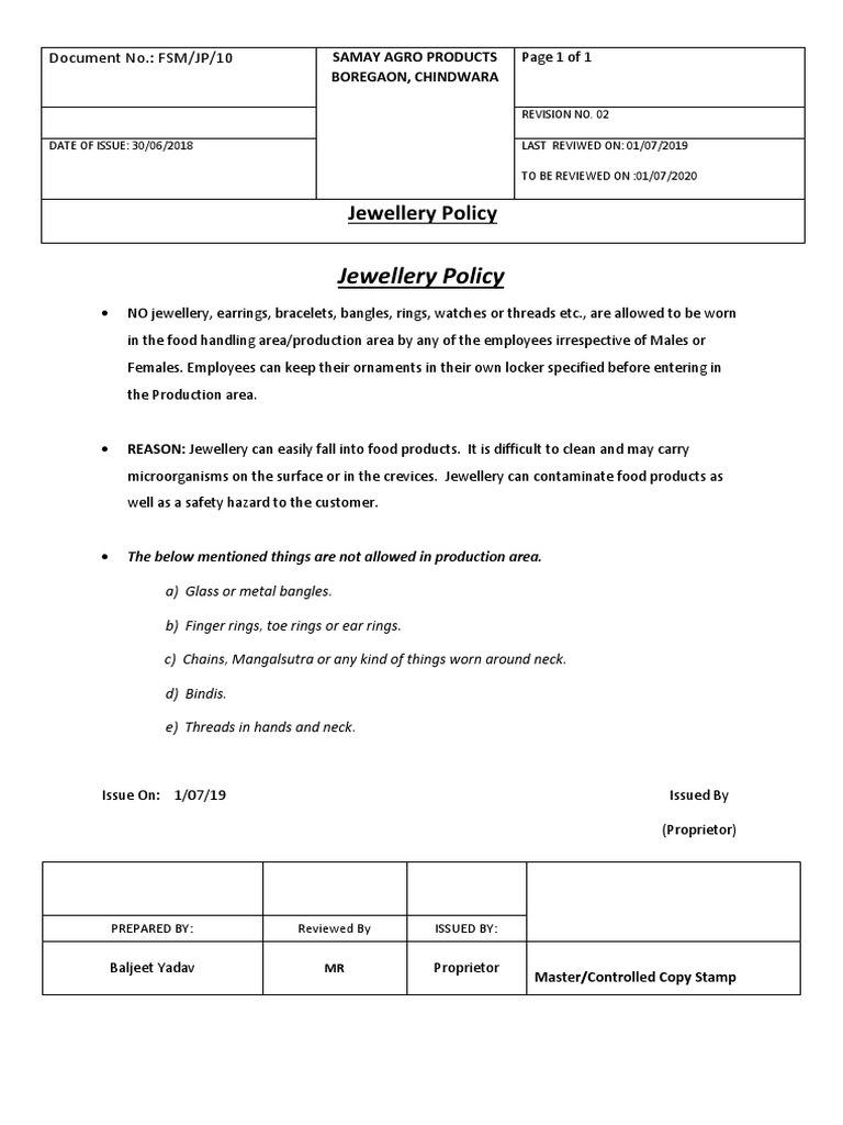 Jewelry Policy for Food Handling Area | PDF