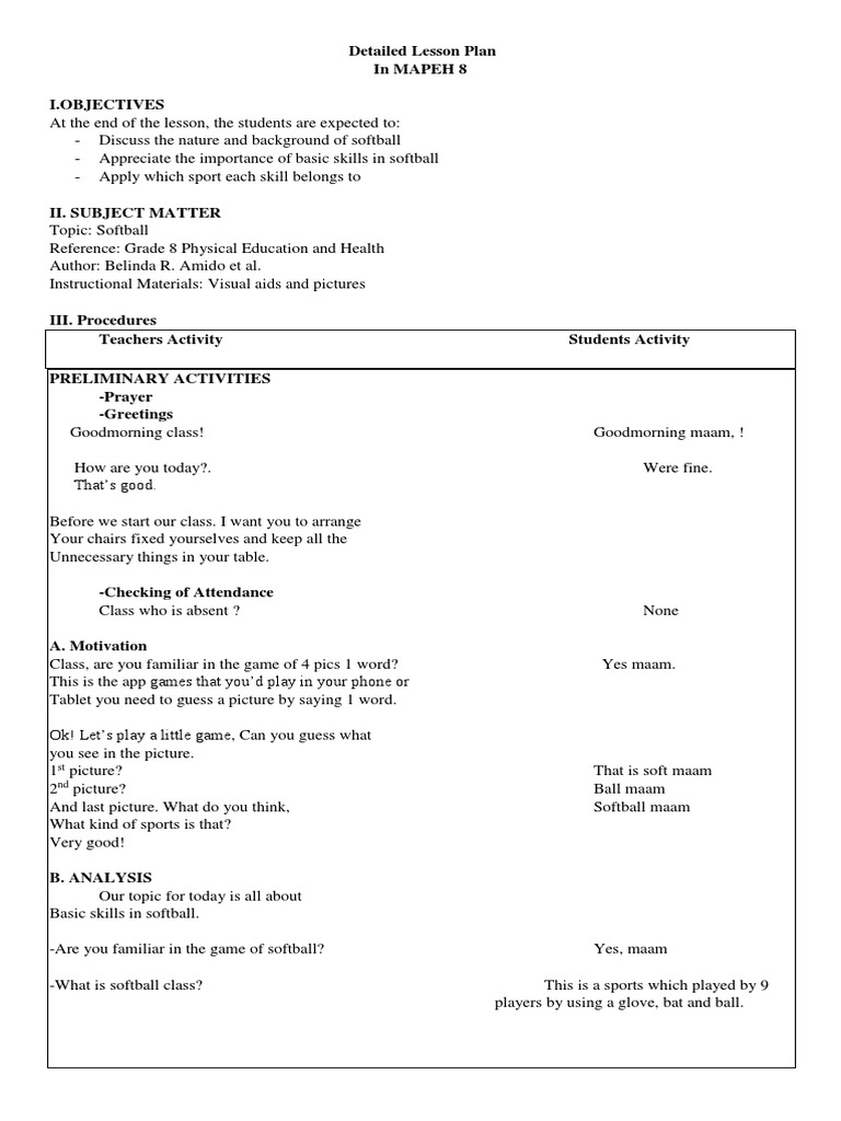 Softball Basic Skills Lesson Plan | PDF | Softball | Pitcher