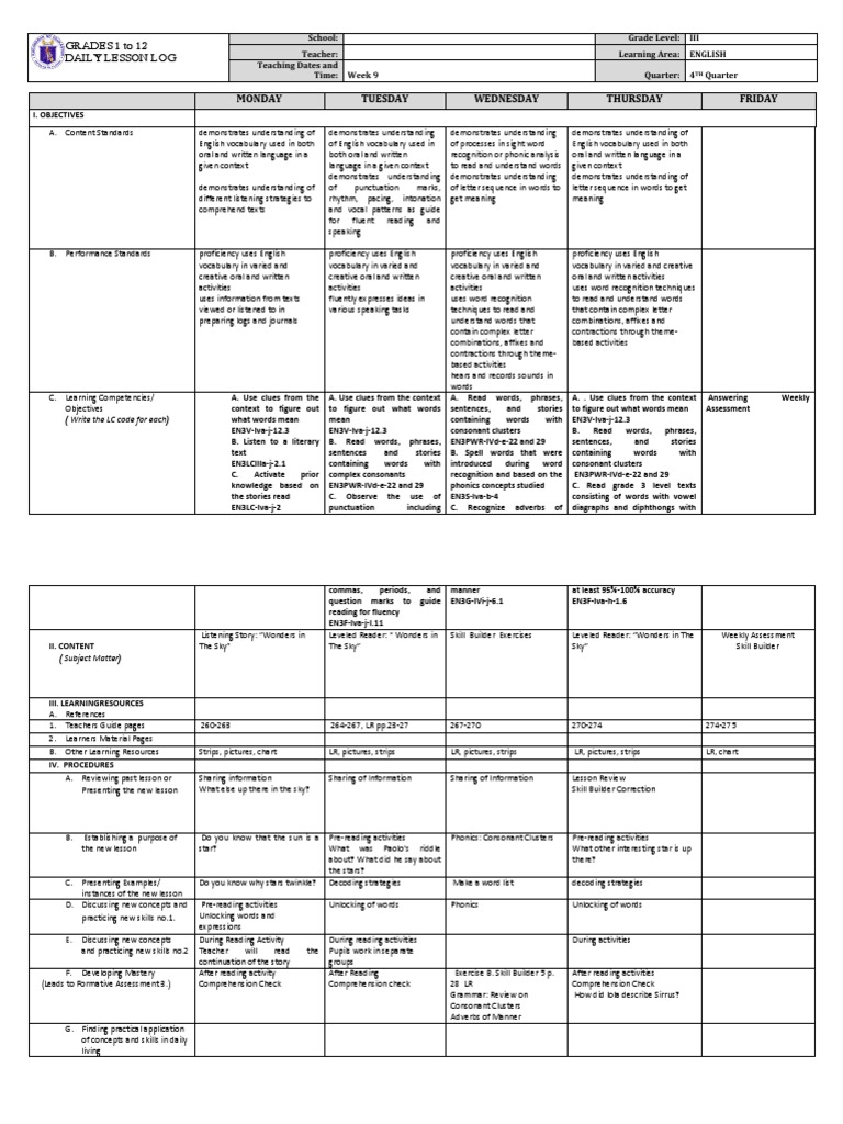 Grade 3 DLL English 3 Q4 Week 9 | PDF | Phonics | Reading Comprehension