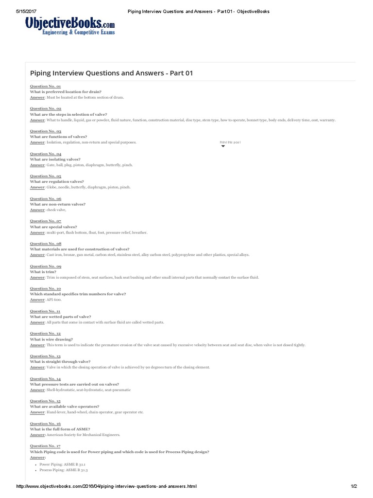 Piping Interview Questions and Answers - Part 01 - ObjectiveBooks | PDF