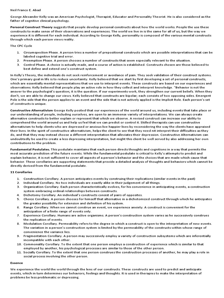 George Kelly's Personal Construct Theory | PDF