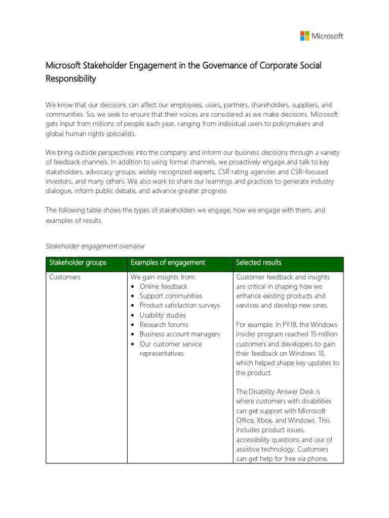 Microsoft Stakeholder Engagement in CSR | PDF