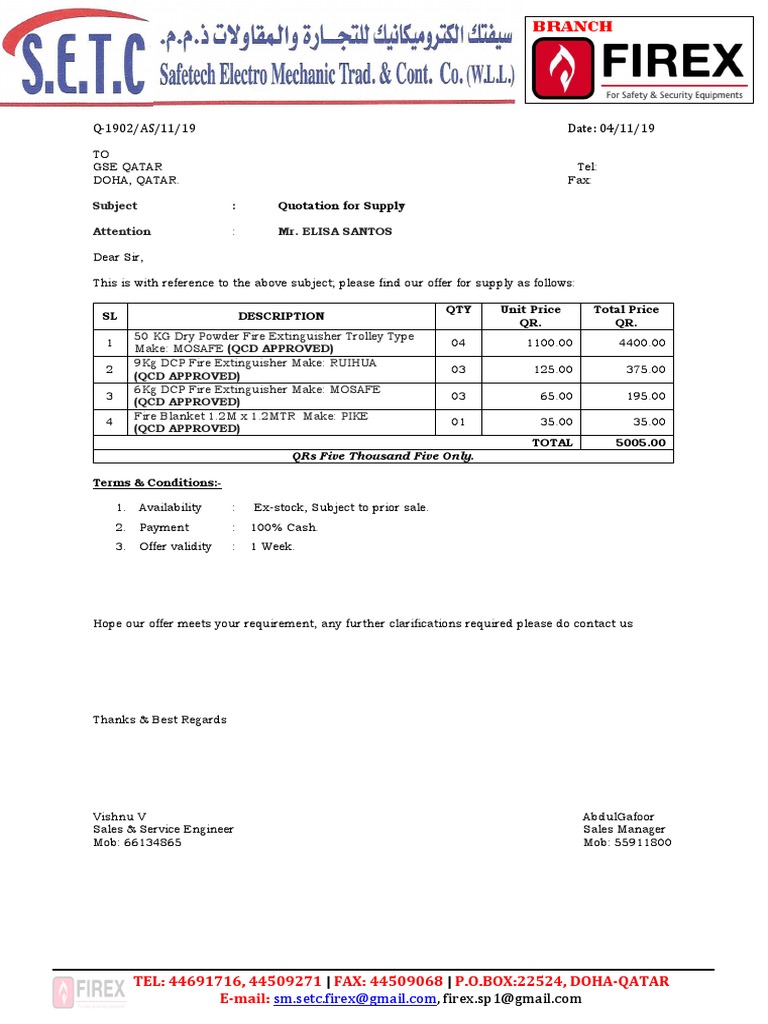 Quotation for Fire Extinguishers in Qatar | PDF
