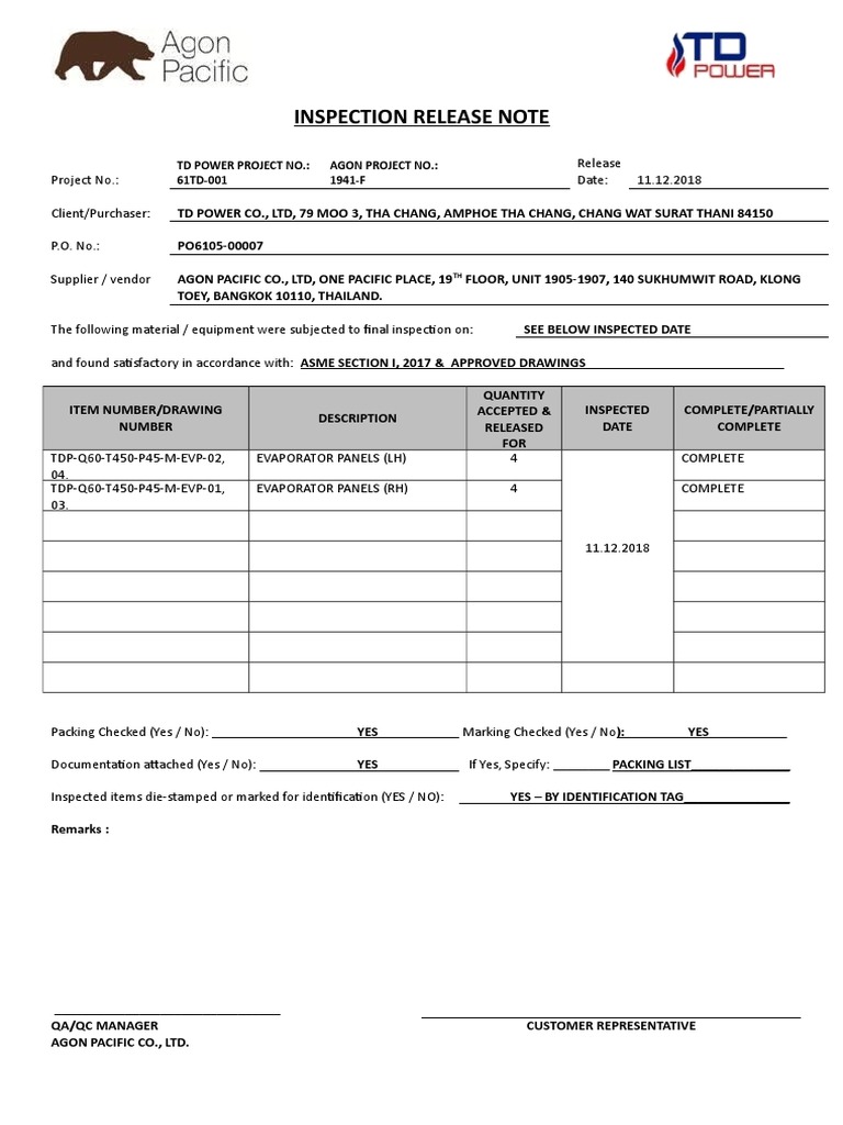 Inspection Release Note | PDF
