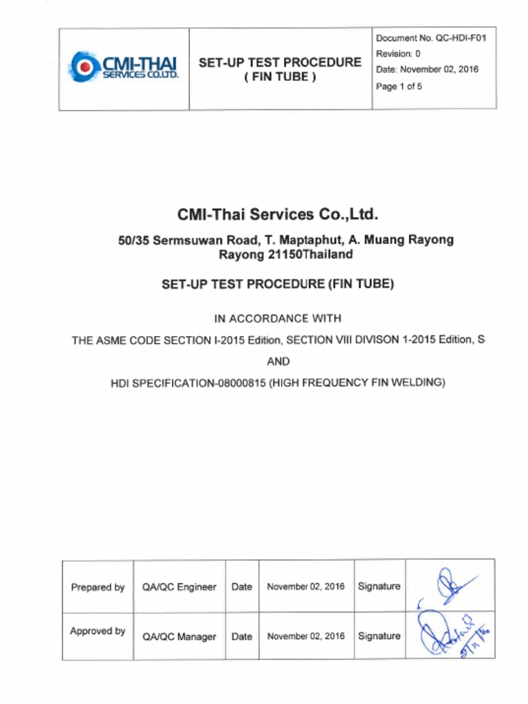 Set-Up Test Procedure-Fin Tube | PDF
