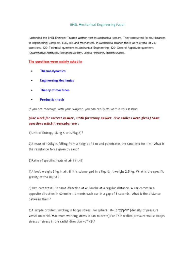 BHEL Mechanical Engineering Paper | PDF