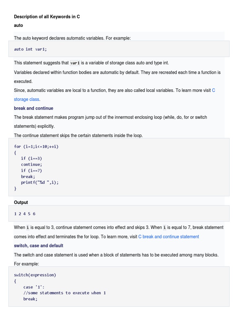 Description of All Keywords in C To Be Printed | PDF