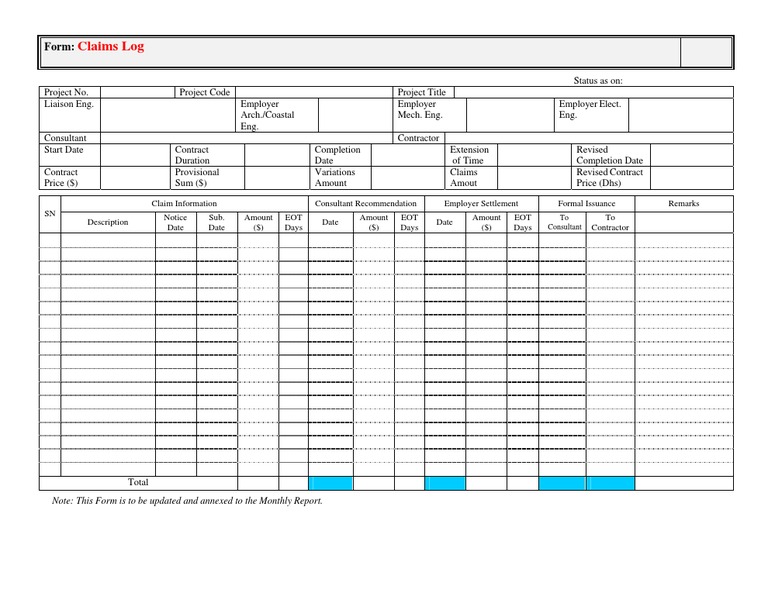 Construction Claims Log Template | PDF