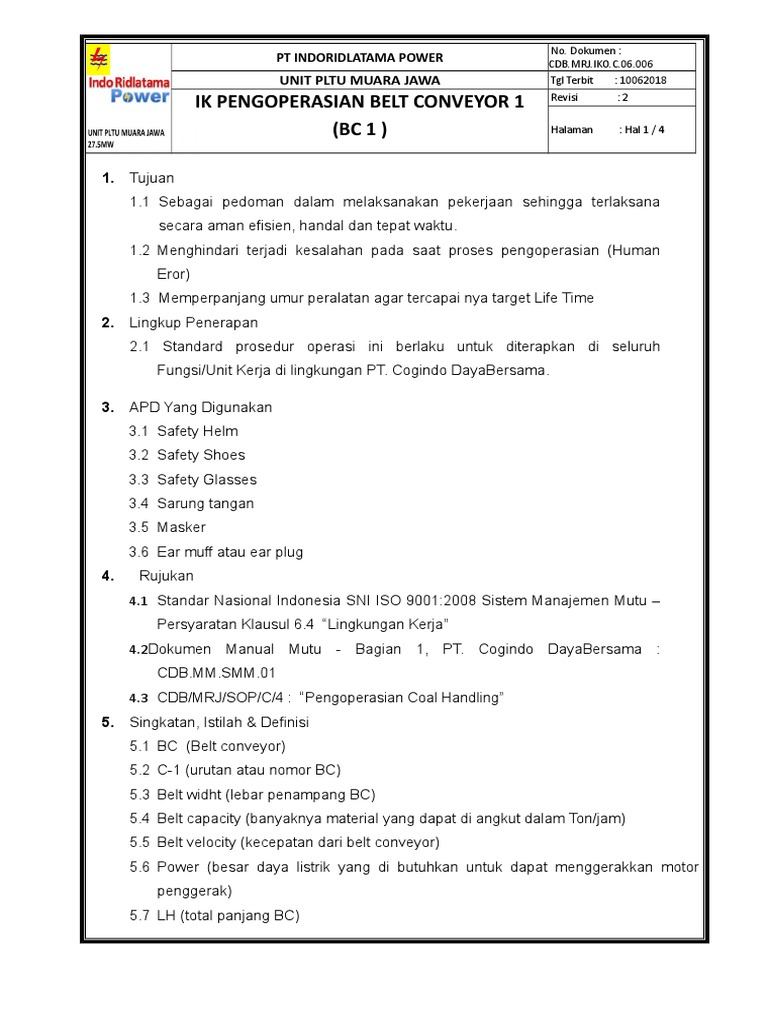 CDB - Mrj.iko.c.06.006 Ik Pengoperasian Belt Conveyor 1 (BC 1) | PDF