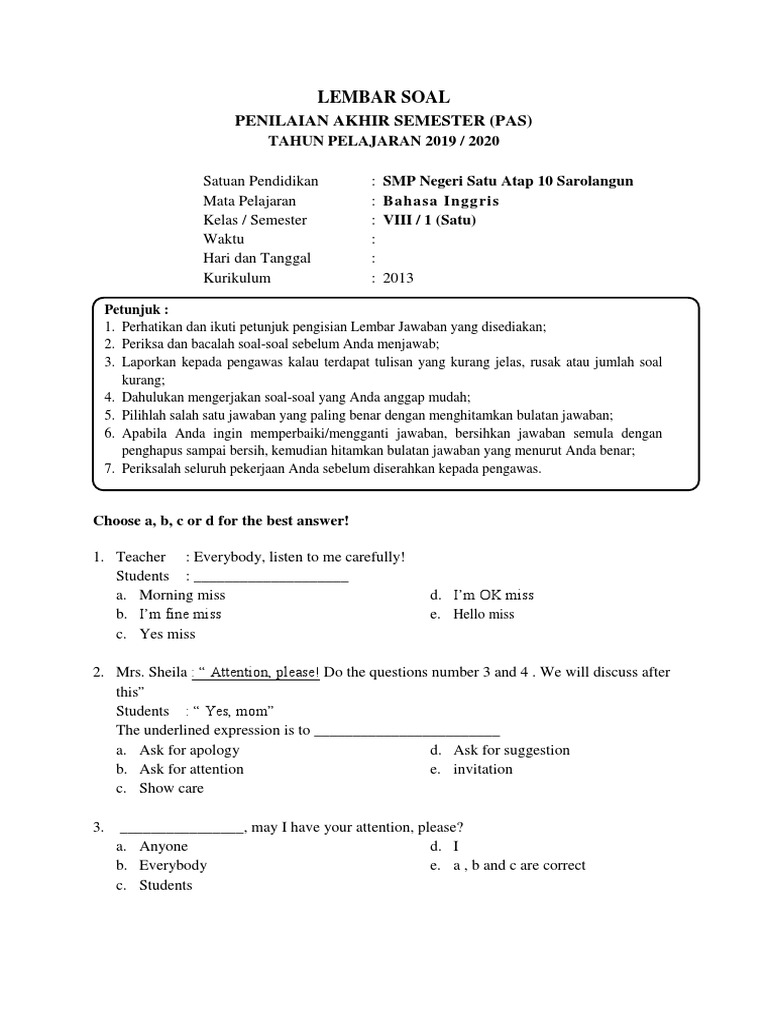 Soal Kelas Viii Semester 1 | PDF