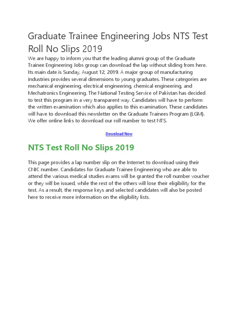 Graduate Trainee Engineering Jobs NTS Test Roll No Slips 2019 | PDF