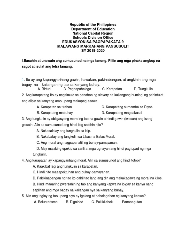 Esp 9 2ND Grading Periodical Test | PDF