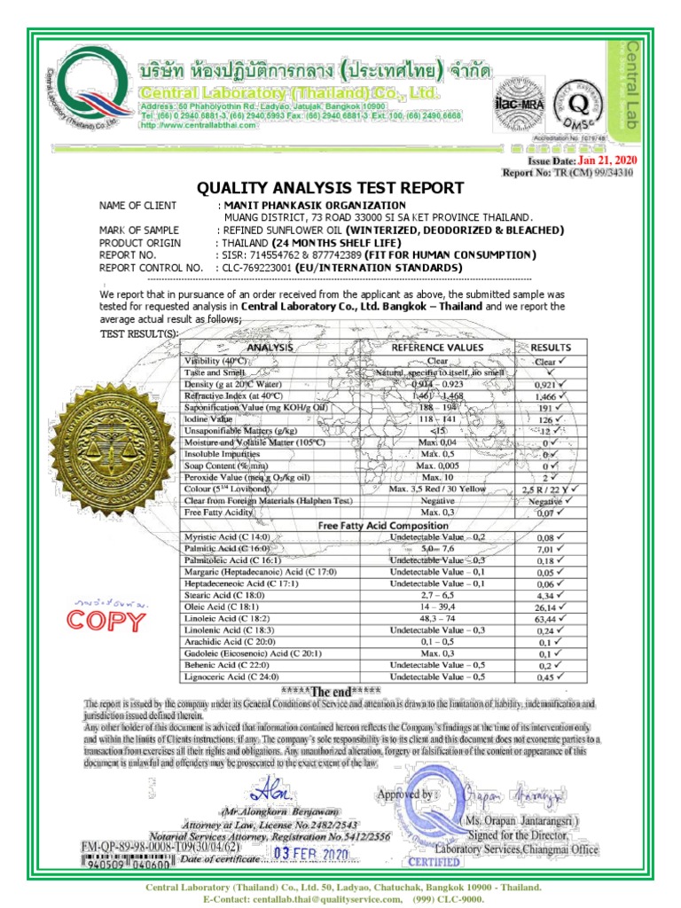 Sunflower Oil Quality Analysis Report | PDF