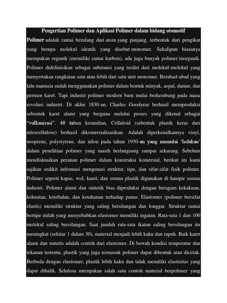 Aplikasi Polimer dalam Industri Otomotif | PDF