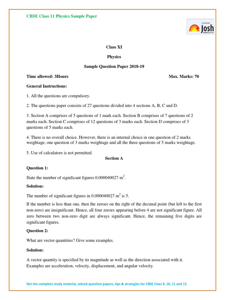 Cbse Class 11 Physics Sample Paper 2019 | PDF