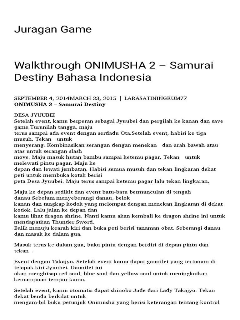 Walkthrough ONIMUSHA 2 - Samurai Destiny Bahasa Indonesia - Juragan Game | PDF
