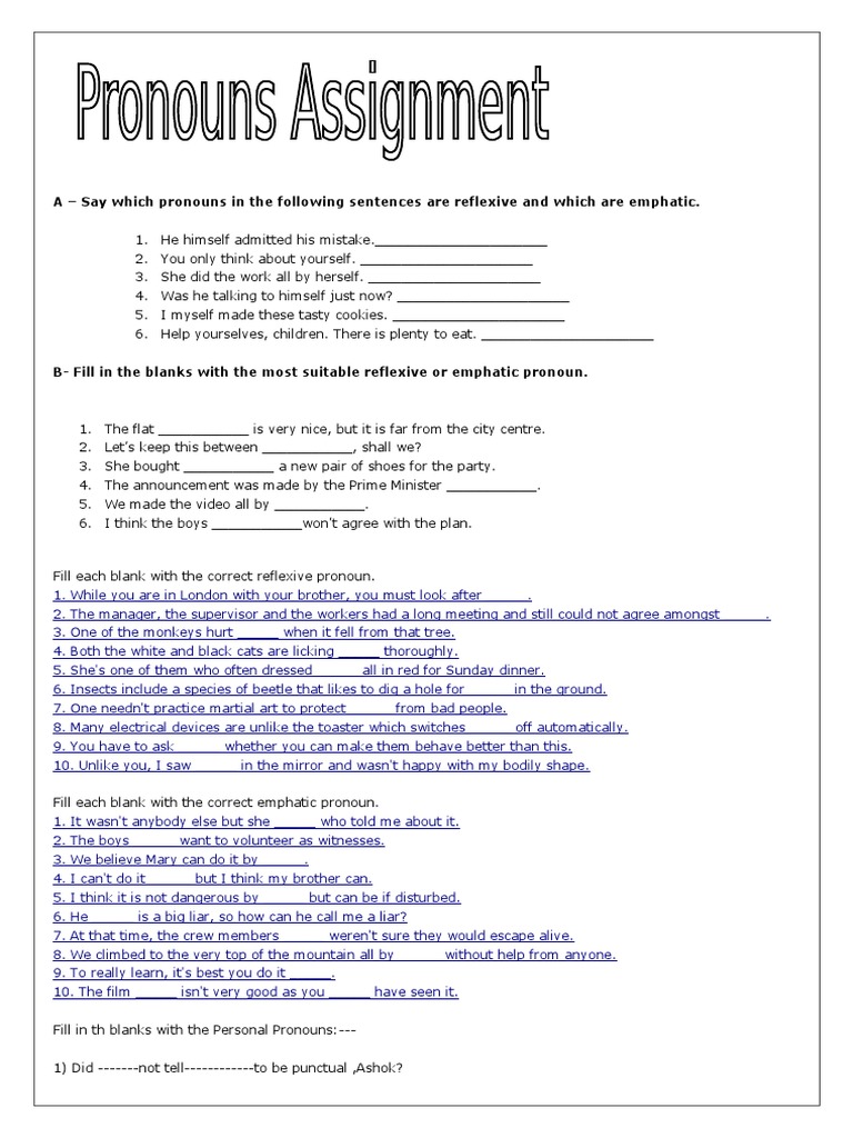 Reflexive and Emphatic Pronouns Worksheet | PDF