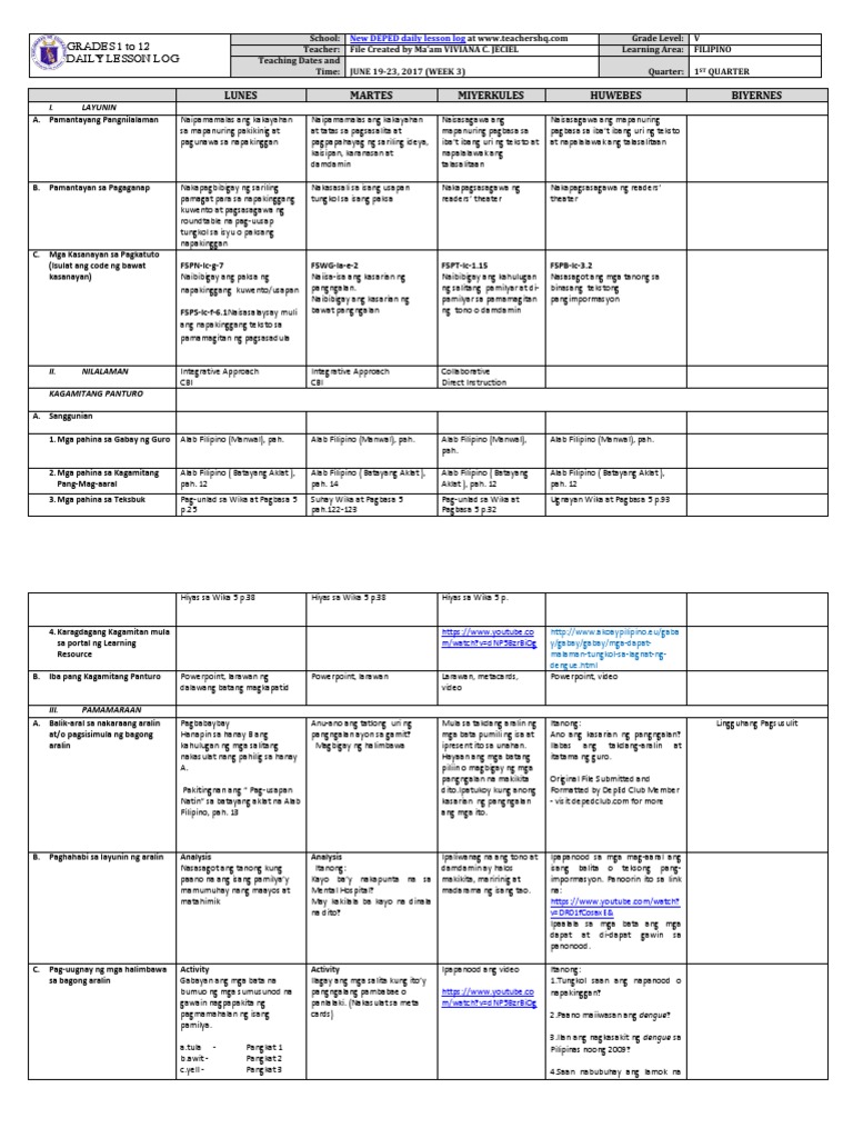 Grade 5 DLL FILIPINO 5 Q1 Week 3 | PDF