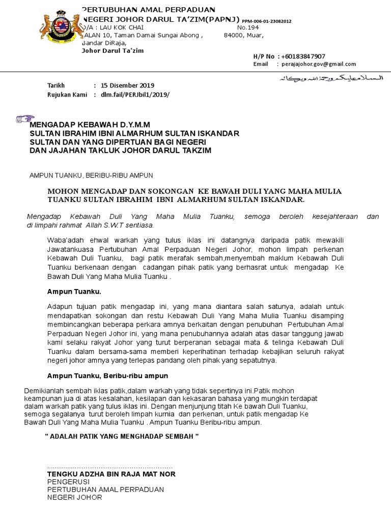 Contoh Format Surat Rasmi Berprotokol Kepada YAM Raja Muda Atau Tengku ...